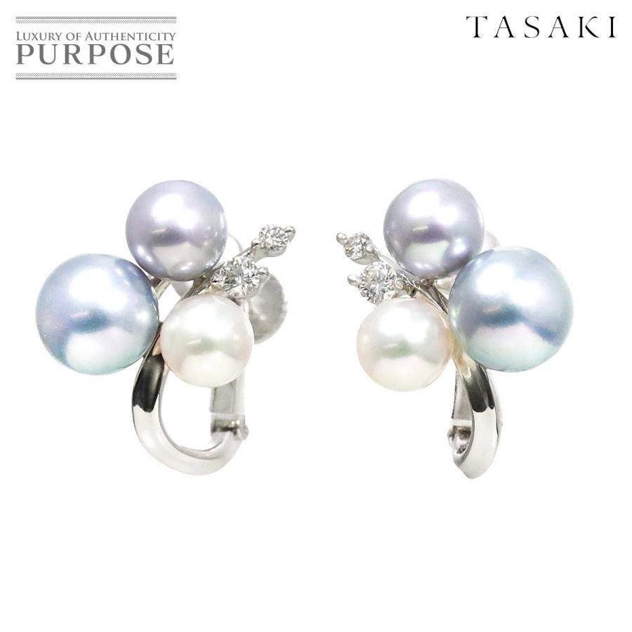 TASAKI タサキ アコヤ真珠 7.7-5.8mm ダイヤ 0.08ct/0.08ct イヤリング K18 WG 750 パール Akoya Pearl Earrings Clip on ...