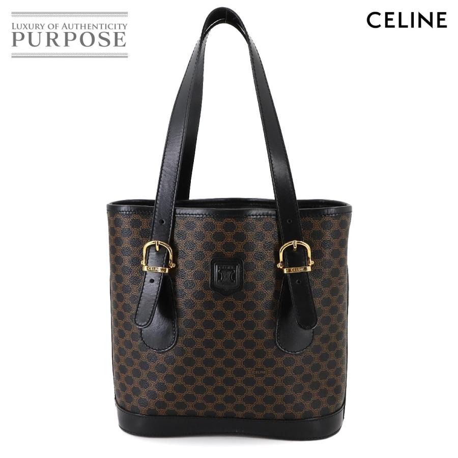 CELINE 新品同様 セリーヌ マカダム トート バッグ PVC レザー ブラック ブラウン ゴールド 金具 ヴィンテージ Macadam Tote Bag 90292588 ...