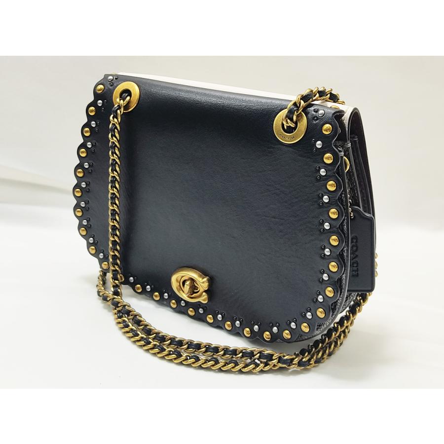 売り切り 大特価 COACH コーチ シグネチャー チェーンショルダーポーチ 76112 レザー ブラック アイボリー ビジュー付き 中古 ...