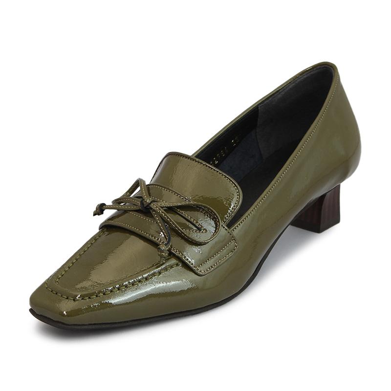 rabokigoshi works（ラボキゴシワークス） works 12784 KHA カーキ リボンローファー パンプス 4cmヒール ステアエナメル 合成底 : ラボスター Yahoo ...