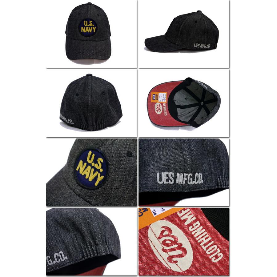 UES ウエス ブラックデニム キャップ 82BDC U.S.NAVY CAP 帽子 ベースボールキャップ ロゴ ワッペン 濃色 硫化 黒 ...
