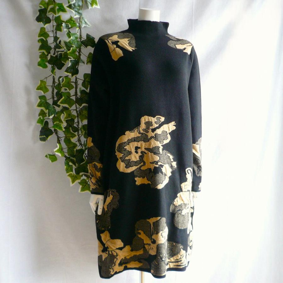 新品 9273 ML ニット ワンピース 秋 冬 凹凸大きな花模様 レディース 黒系 マスタード花 ボトルネック : 9273 : ラインハイト - 通販 - Yahoo!ショッピング