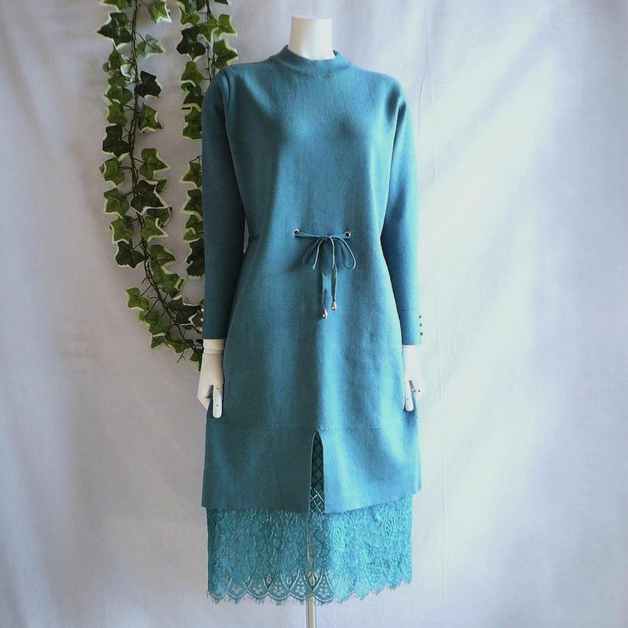 新品 9414 ML 裾レース 重ね切替 ニット ワンピース 秋 冬 ガラス ビジュー レディース くすみターコイズ 共ニットリボン ハイネック : 9414 : ラインハイト - 通販 ...