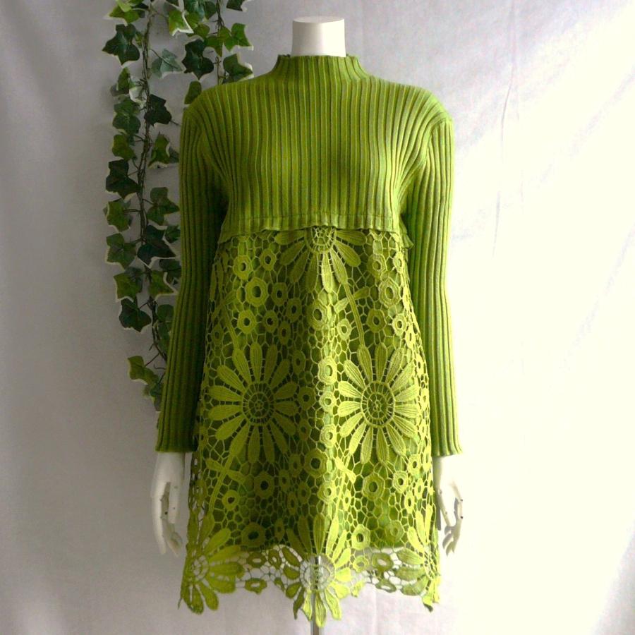 新品 9422 ML 花模様 クロシェ ニット チュニック ワンピース 秋 冬 レディース 黄緑 ボトルネック 長袖 リブニット 上品 50代 60代 70代 : ラインハイト - 通販 ...