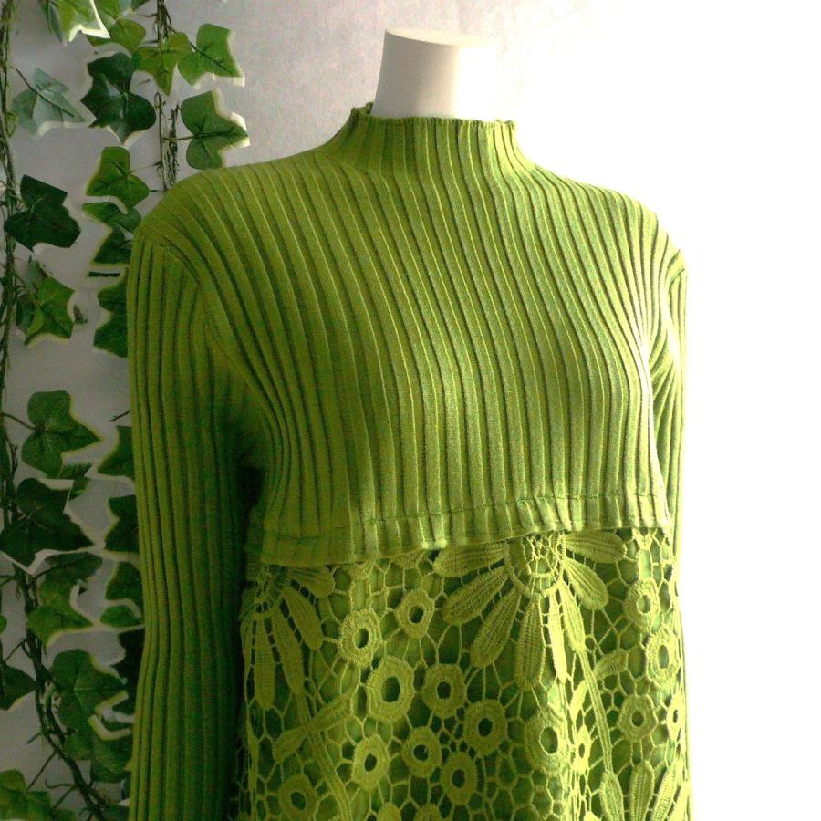 新品 9422 ML 花模様 クロシェ ニット チュニック ワンピース 秋 冬 レディース 黄緑 ボトルネック 長袖 リブニット 上品 : ラインハイト - 通販 - Yahoo!ショッピング