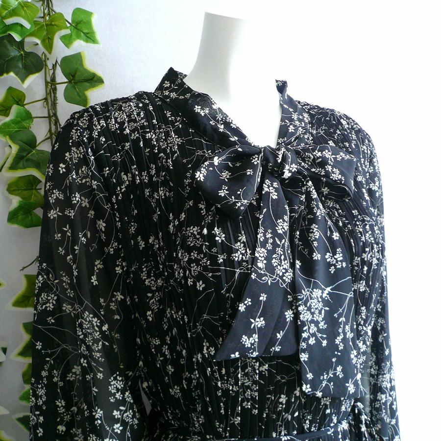 新品 9489 ML ボウタイリボン シフォン プリーツ ワンピース 春 夏 秋 花柄 レディース 黒系 共布リボン フリル袖 美しい透け感 上質 上品 : セレクトショップラインハイト ...