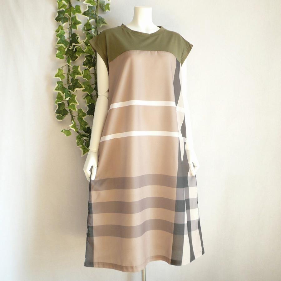 新品 9568 ML 英国調 チェック シャツ ワンピース 春 夏 秋 カーキ系 レディース 異素材切替 フレンチ袖 クラシック 上品 50代 ...