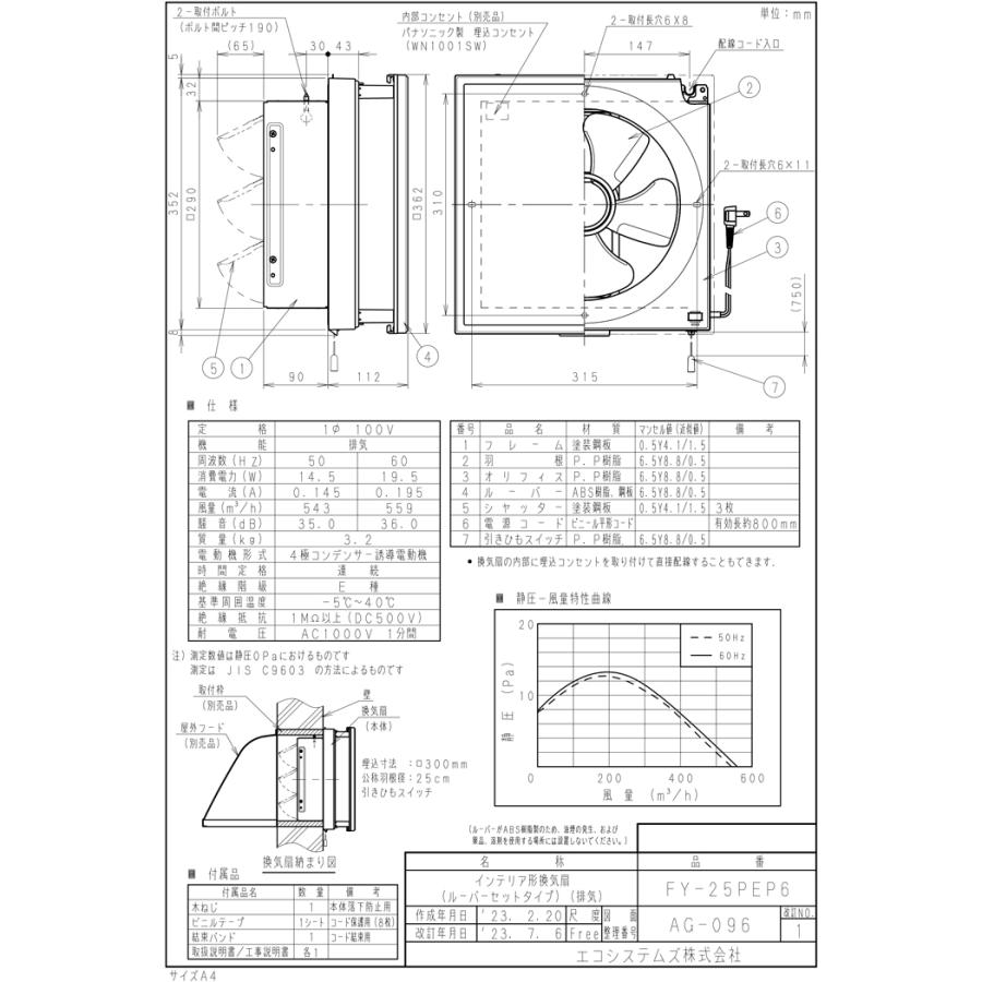 Panasonic パナソニック FY-25PEP6 事務所用・居室用換気扇 インテリア形換気扇(ルーバーセットタイプ)連動式シャッター インテリアパネル形 (FY-25PEP5の後継品 ...