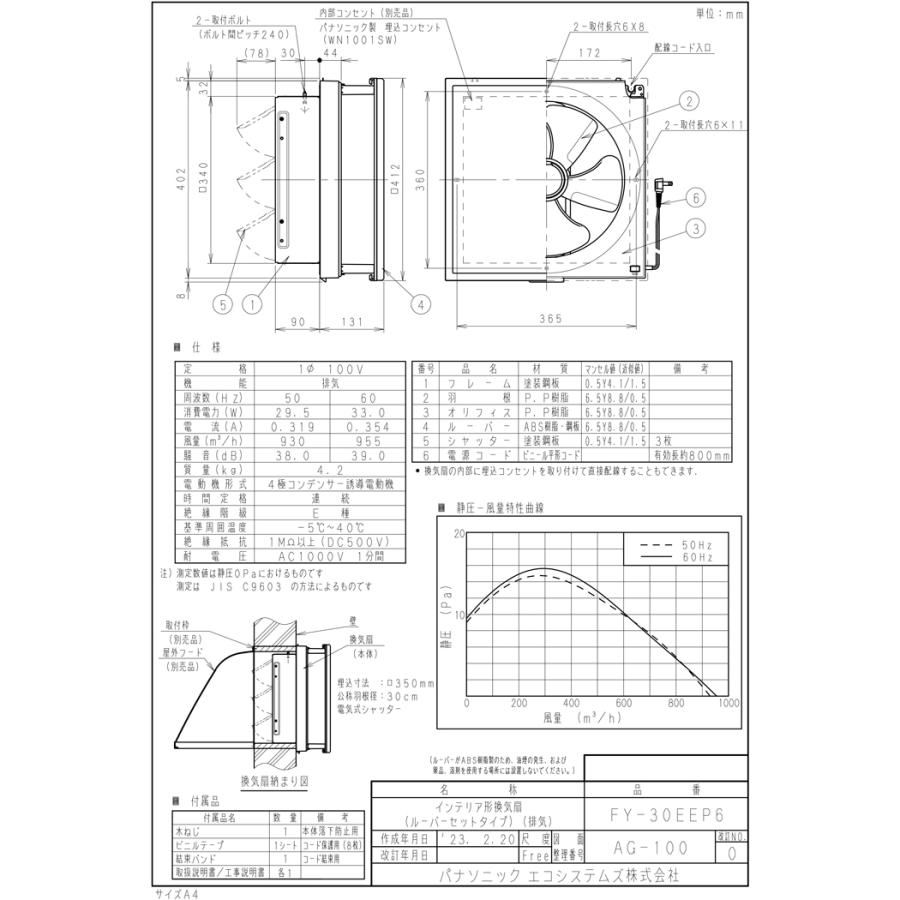 Panasonic パナソニック FY-30EEP6 事務所用・居室用換気扇 インテリア形換気扇(ルーバーセットタイプ) (FY-30EEP5の後継品) : 住設と電材の洛電マート plus ...