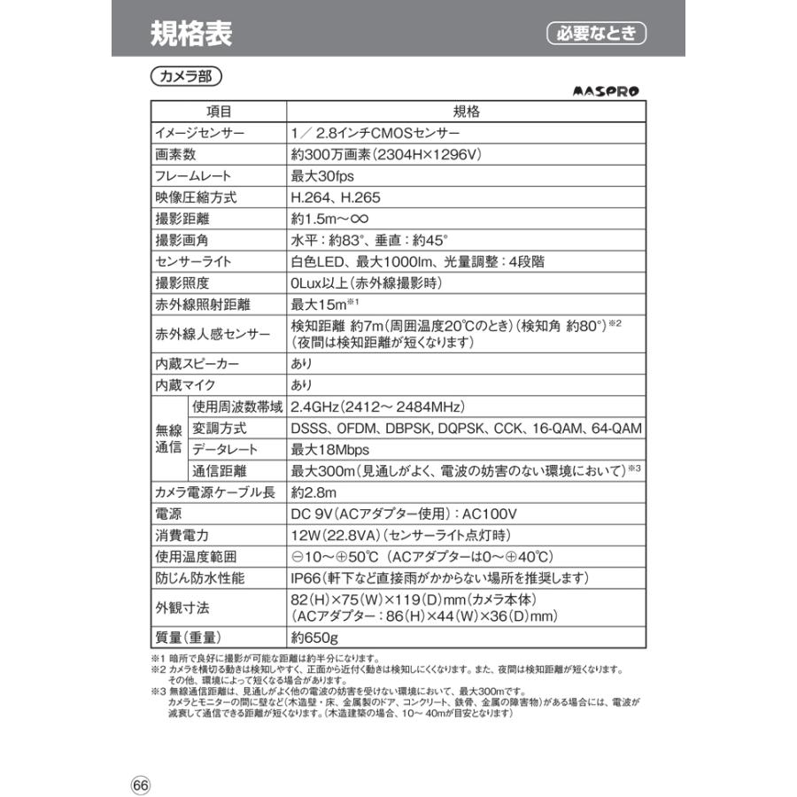 マスプロ WC3A7ML ワイヤレスカメラセット モニター＆カメラセット(3MP) 7インチモニター 警告・通話機能対応 バレットタイプカメラ センサーライト付 防犯 : 住設と電材の洛電 ...