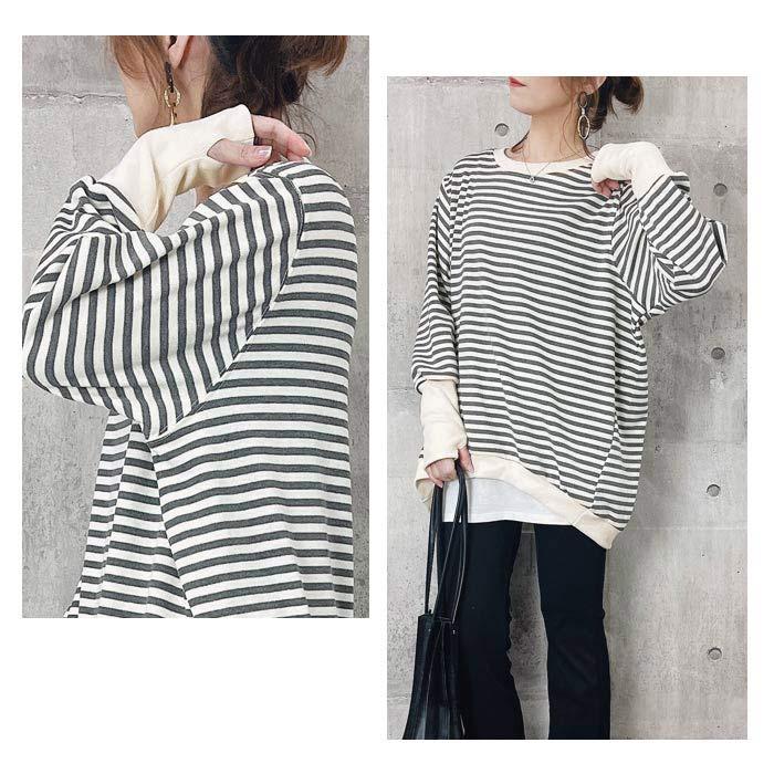 ボーダー ニットタッチ スウェット カットソー トップス レディース リブ長 長袖 指穴 春スウェット 春 (送料無料)[郵3]^t959^ :t959:uricca ウリッカ by ...