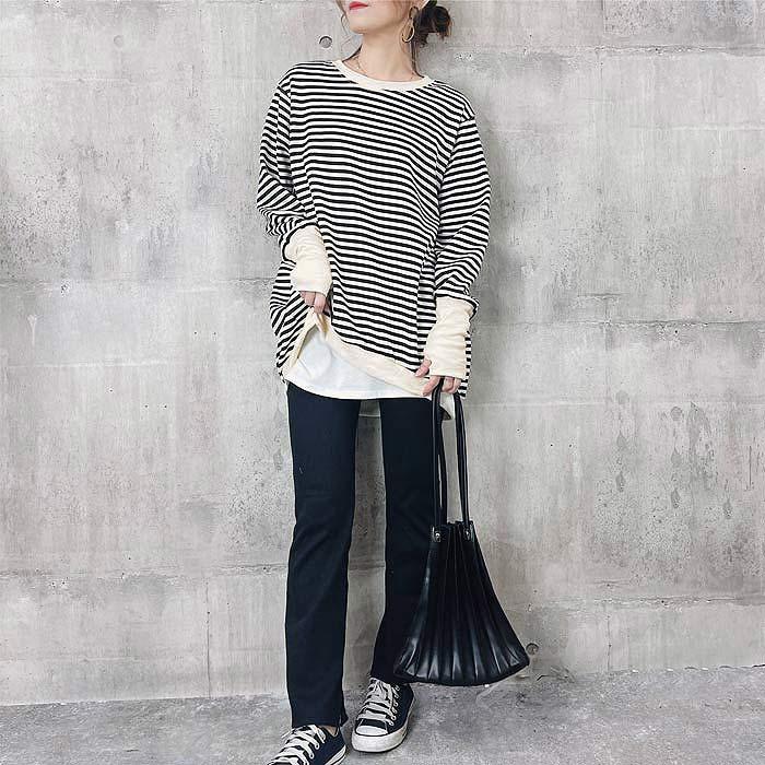 ボーダー ニットタッチ スウェット ニット カットソー トップス レディース 大きいサイズ 韓国 リブ長 長袖 おしゃれ 無地 指穴 秋冬 (送料無料)[郵3]^t959^ :t959 ...