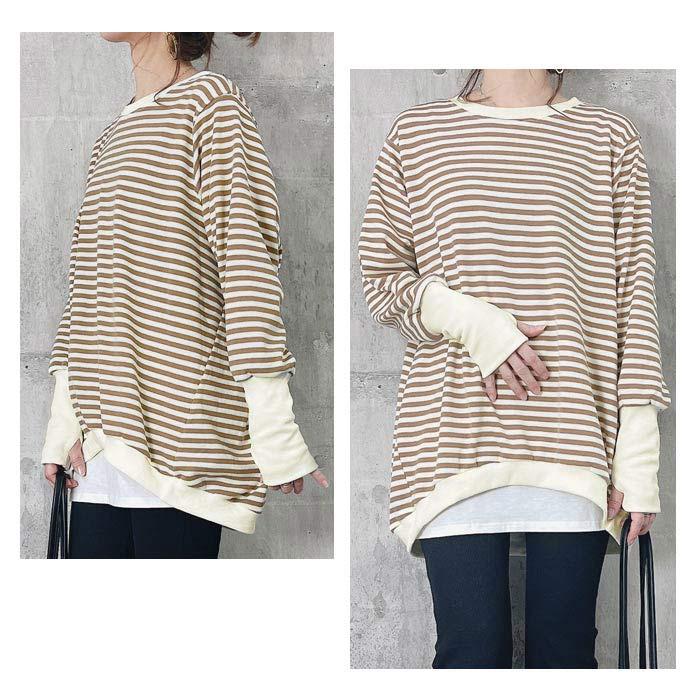 ボーダー ニットタッチ スウェット カットソー トップス レディース リブ長 長袖 指穴 春スウェット 春 (送料無料)[郵3]^t959^ :t959:uricca ウリッカ by ...