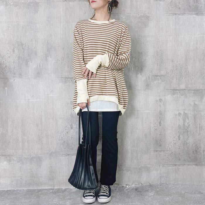 ボーダー ニットタッチ スウェット ニット カットソー トップス レディース 大きいサイズ 韓国 リブ長 長袖 おしゃれ 無地 指穴 秋冬 (送料無料)[郵3]^t959^ :t959 ...