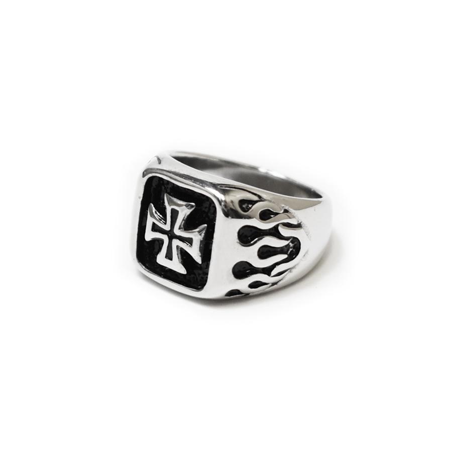 Flare Cross Square Ring - Silver/Black メンズアクセサリー アイアンクロス シルバー リング ...