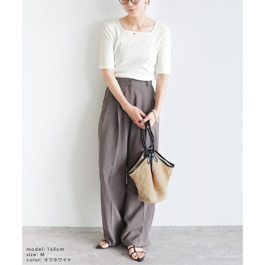 スクエアネック五分袖リブTシャツ wk-0563 レディース 2025年夏新作 トップス カットソー Tシャツ リブ スクエアネック 五分袖 ...