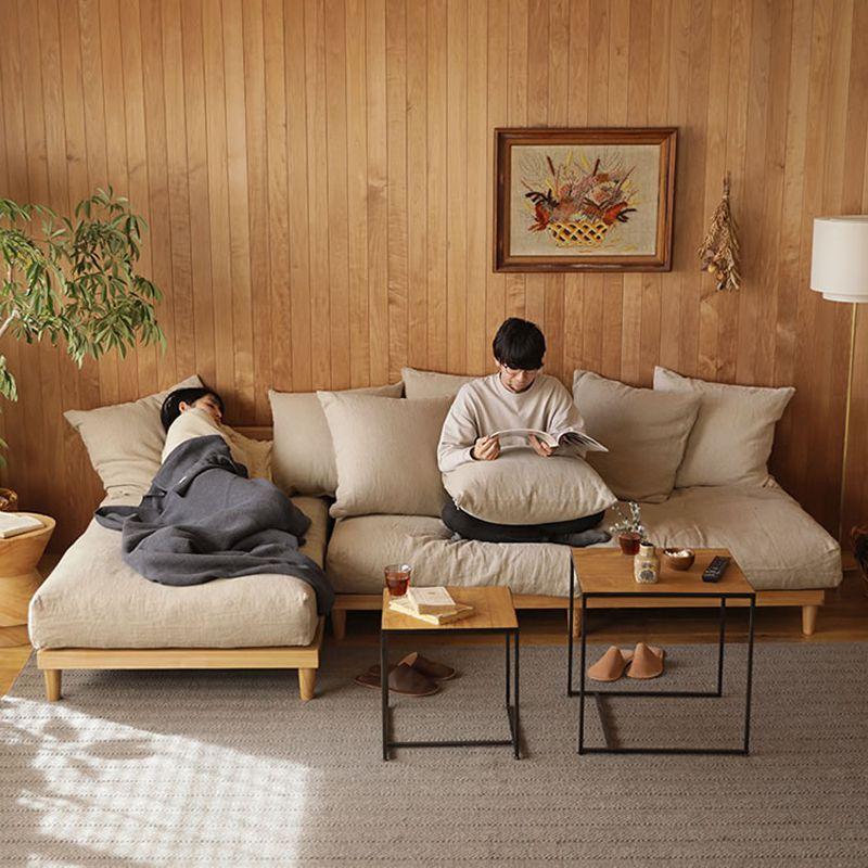 ソファー 2点セット AGRA あぐら カウチ 3人掛け ナチュラル Aタイプ 北欧 リネン コーデュロイ カバーリング クッション付 ワイド ...