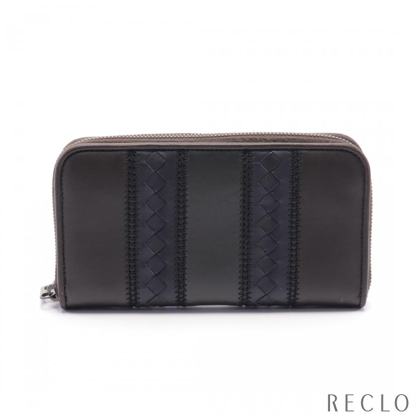 ボッテガヴェネタ BOTTEGA VENETA イントレチャート テックストライプ ラウンドファスナー長財布 レザー ダークブラウン ブラック ...