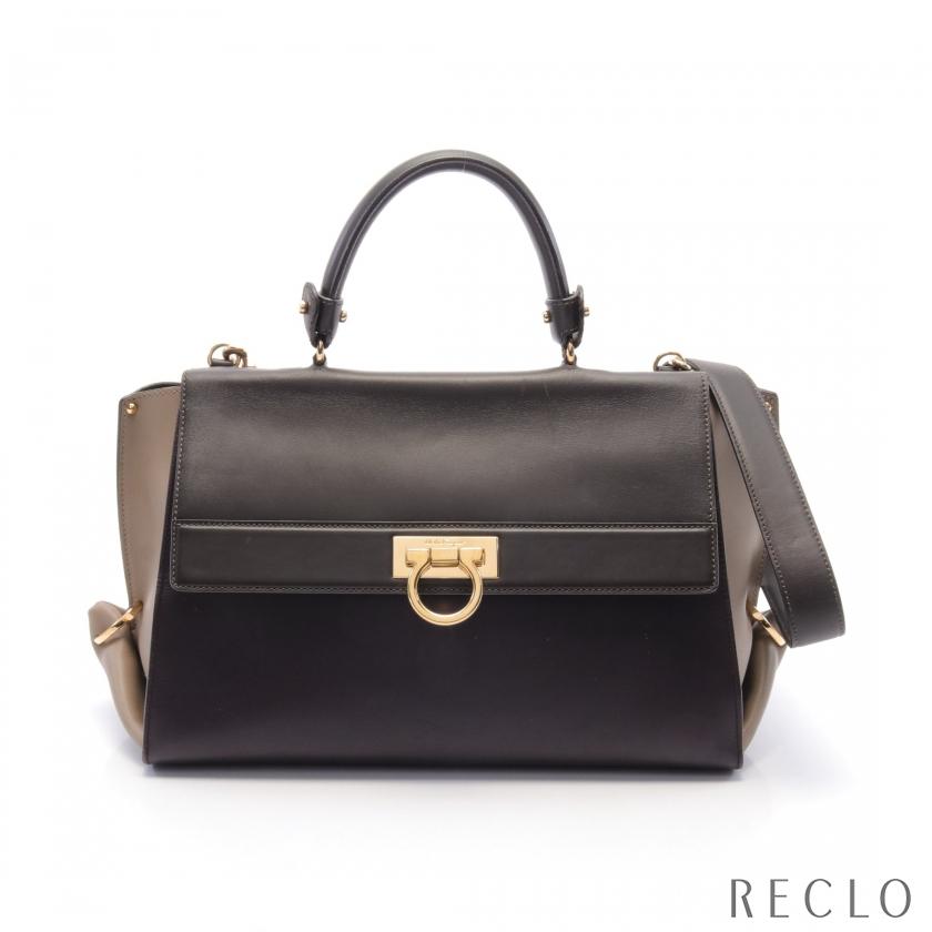 FERRAGAMO サルヴァトーレフェラガモ Salvatore Ferragamo ガンチーニ ハンドバッグ レザー ダークパープル ダークブラウン グレーベージュ 2WAY 21 D543 ...