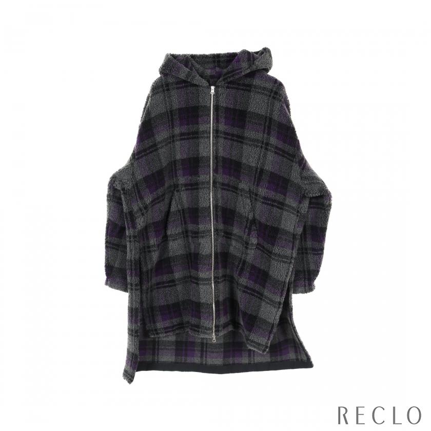 MM6 エムエムシックスメゾンマルジェラ MAISON MARGIELA フリース ボア コート チェック グレー パープル フード付き S52GU0083 レディース 中古 : RECLO ...