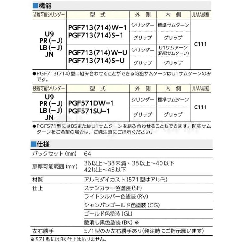 美和ロック PGF714シリーズ 面付鎌デッドプッシュプル錠 PRシリンダ PRPGF714WーU （SF）外側シリンダー 内側U1サムターン 仕上 ステンカラー扉厚40mm BS64mm ...