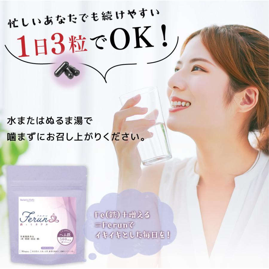 Relief Life 鉄サプリ ヘム鉄 Ferun フエルン 葉酸 ビタミン ミネラル 亜鉛 銅 栄養機能食品 サプリ 鉄分 鉄分補給 鉄 ...