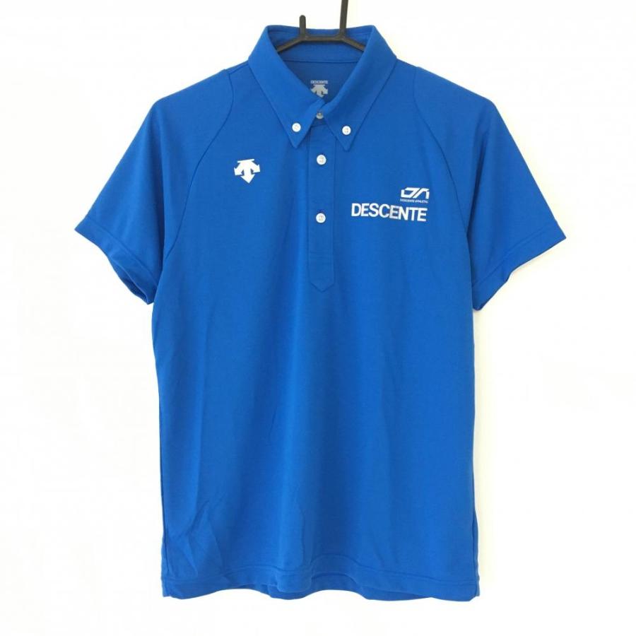 デサントATHLETIC 半袖ポロシャツ ブルー×シルバー ストレッチ ドライプラス ボタンダウン メンズ M ゴルフウェア DESCENTE（超美品）／25%OFF価格 :1 ...
