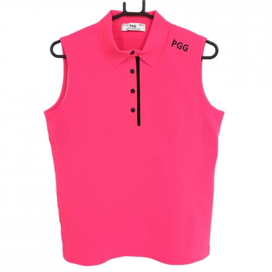 PGG 【超美品】PGGパーリーゲイツ ノースリーブニットポロシャツ 蛍光ピンク×黒 スナップボタン レディース 1(M) ゴルフウェア ...