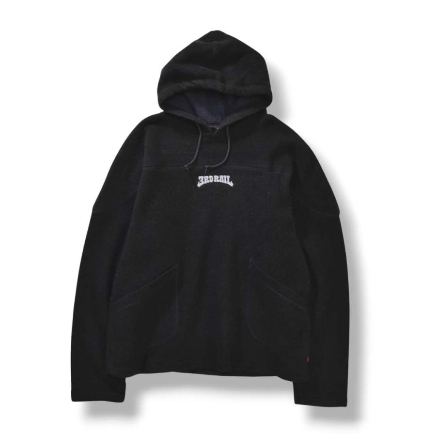 VINTAGE 90s ヴィンテージ USA製 サードレイル 3rdRail ThirdRail ロゴ 刺繍 プルオーバー フリース パーカー フード裏 サーマル ワッフル 切替 M ブラック ...