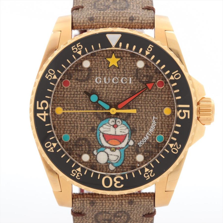 GUCCI 美品 グッチ 136.3 YA136335 GP×革 QZ ブラウン文字盤 ダイヴ ドラえもん 時計☆セール☆【中古】4206 ...