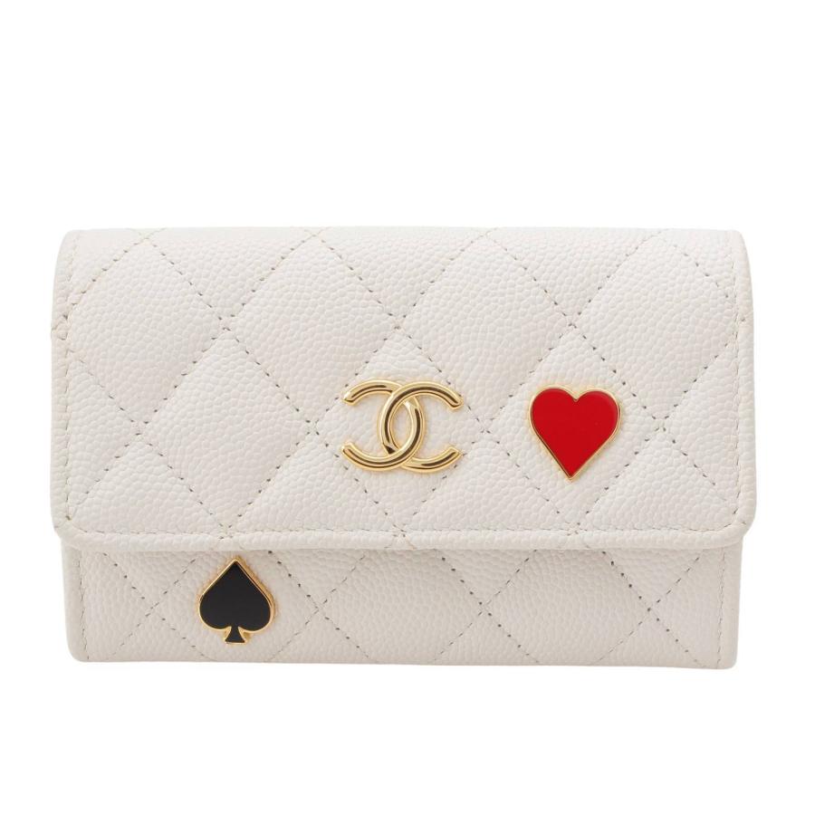 CHANEL 【シャネル】Chanel マトラッセ キャビアスキン ココマーク ハート カードケース AP3083 ホワイト 【中古】【正規品 ...