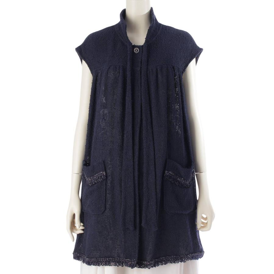 CHANEL 【シャネル】Chanel ココボタン ツイード ノースリーブ カーディガン ジレ ジャケット P40472 ネイビー 【中古 ...