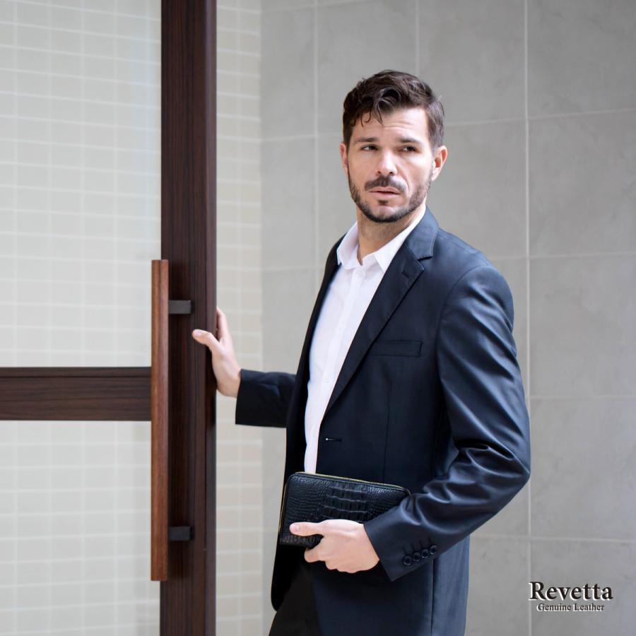 [Revetta] クロコダイル 長財布 大容量 40枚カード入れ 財布 ワニ革 メンズ ブラック 黒 ダブルラウンドファスナー ゴールド ...