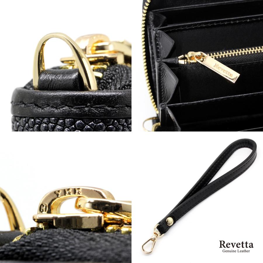 [Revetta] エイ革 長財布 スティングレイ ガルーシャ ブラック 黒 キャビアパール加工 ラウンドファスナー 財布 本革 ストラップ付 ...