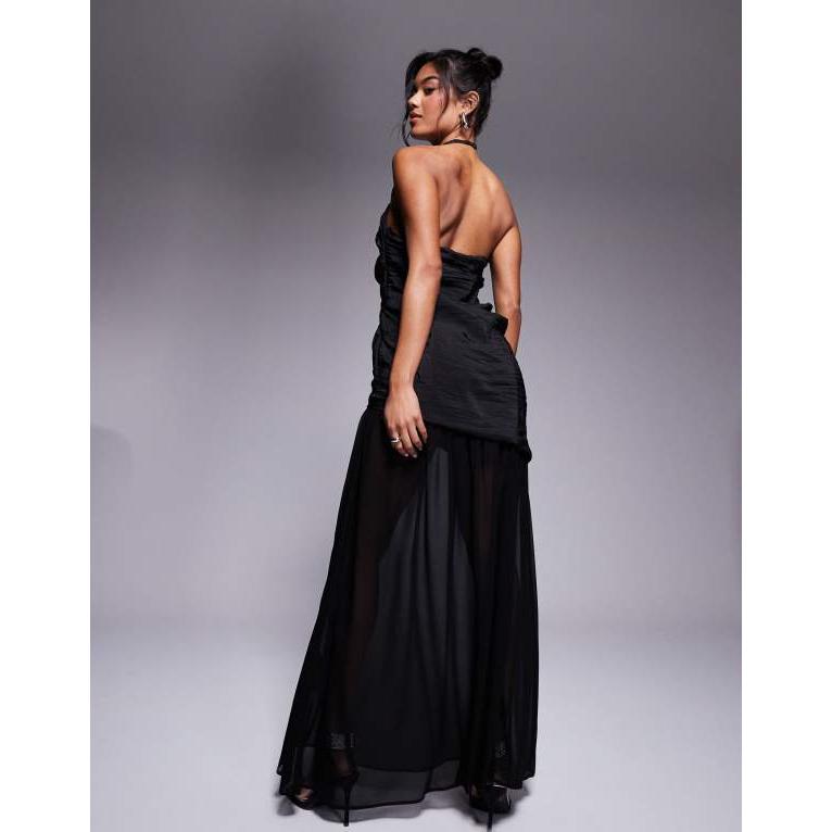 asos エイソス レディース ワンピース トップス ASOS DESIGN halter asymmetric ruched maxi dress with chiffon skirt in ...