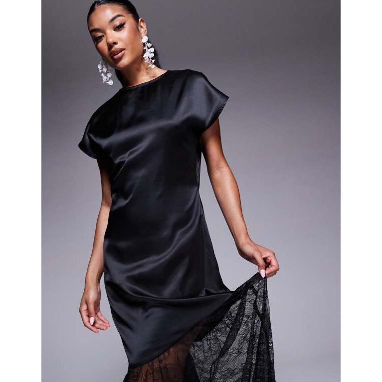 asos エイソス レディース ワンピース トップス ASOS DESIGN satin and lace mix maxi t shirt dress in black : リビーダショップ ...