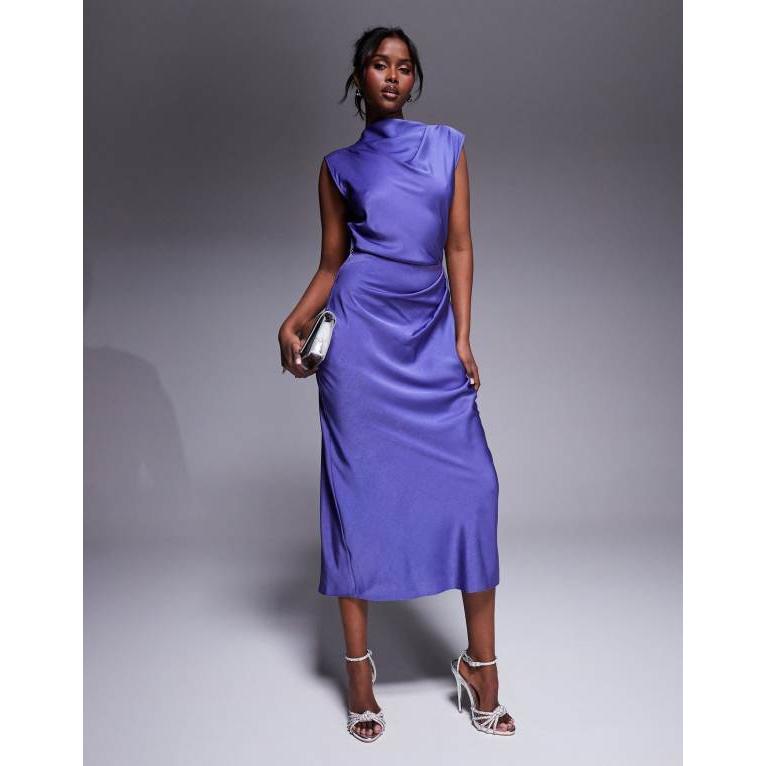 asos エイソス レディース ワンピース トップス ASOS DESIGN satin high neck pleated bodice midi dress in cornflower ...