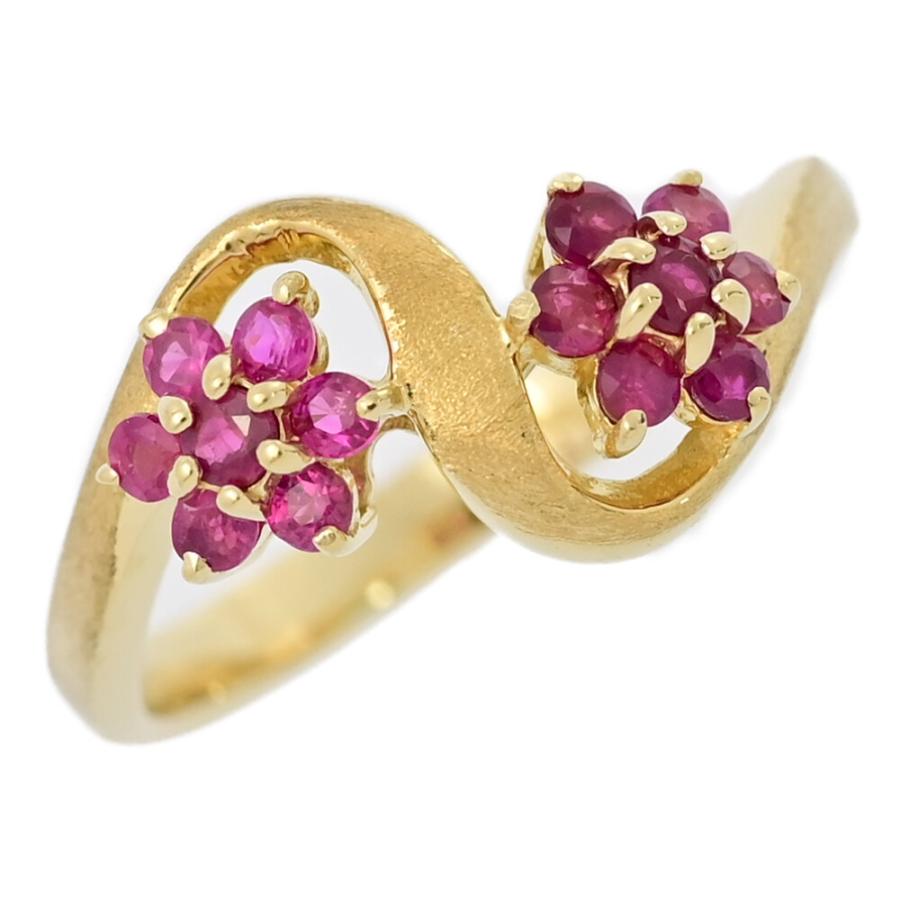 RU0.47ct/FD:0.006ct/スリランカ・ジュエリーセット フラワーモチーフ 26P・ルビーピアス×リングセット/K18YG/750-3.9g/h250521/556605 : リ ...