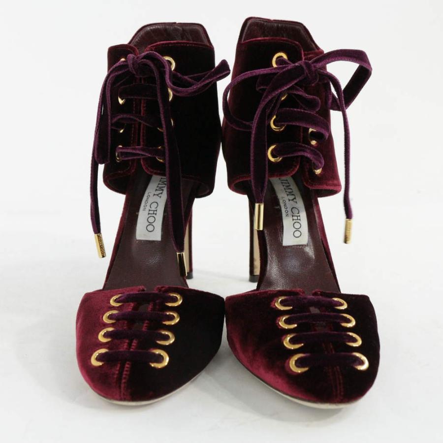 美品・ジミーチュウ MARI・レースアップパンプス靴 ベルベット/38 1/2/ボルドー×ゴールド/JIMMY CHOO 翌日配送可 ...