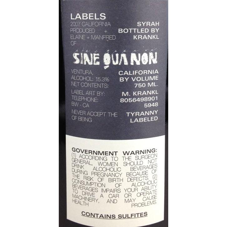 Sine Qua Non Labels Syrah [2007] / シネ・クア・ノン レーベルズ シラー [US][WA98][赤][28 ...