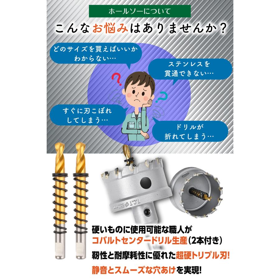 超硬 ステンレス ホールソー 13本 コバルト製交換ドリル付き 75mm 70mm 65mm 55mm 50mm 45mm 38mm 35mm 32mm 30mm 25mm 22mm 19mm ...