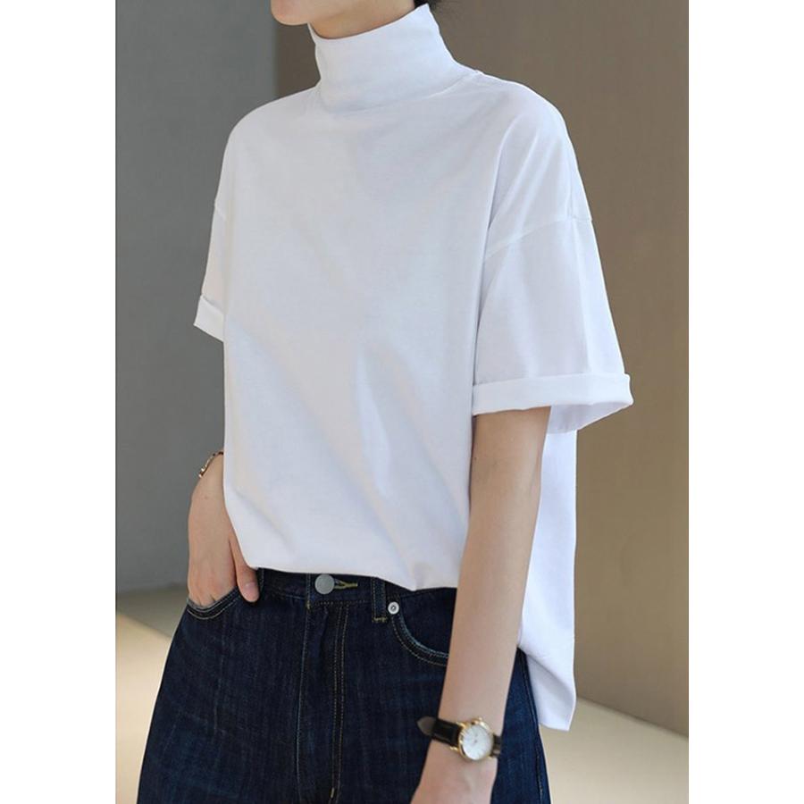 コットン100% tシャツ レディース 春 夏 秋 半袖 ドロップショルダー ボトルネック ハイネック 袖折り返し ゆったり カットソー トップス :11TT1585:rioty (リオティ ...
