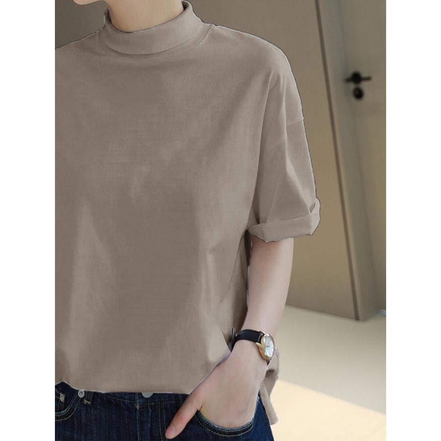 コットン100% tシャツ レディース 春 夏 秋 半袖 ドロップショルダー ボトルネック ハイネック 袖折り返し ゆったり カットソー 即納 : 11tt1585 : rioty (リオティ ...