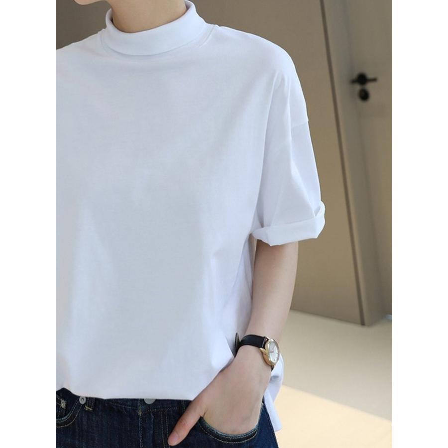 コットン100% tシャツ レディース 春 夏 秋 半袖 ドロップショルダー ボトルネック ハイネック 袖折り返し ゆったり カットソー トップス :11TT1585:rioty (リオティ ...