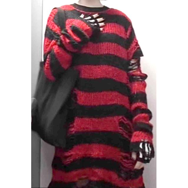 赤黒ボーダー ゴシックロック グランジ ニット ダメージ入り 赤黒ボーダー ゴシックロック グランジ ニット ダメージ入り