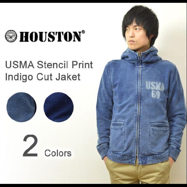 HOUSTON HOUSTON（ヒューストン） USMA ステンシルプリント インディゴ染め カットジャケット ユーズド加工 ジップパーカー パイル生地 軍モノ ミリタリー 【20813 ...