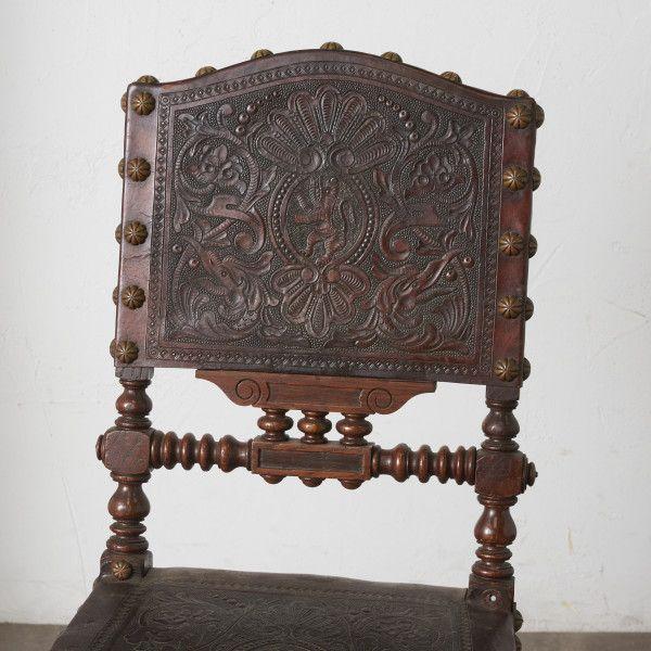 IZ79899F★フランス アンティーク ダイニングチェア 本革 鋲打ち オーク 木製 木彫刻 挽物 装飾 アームレス チェア 椅子 西洋 ...