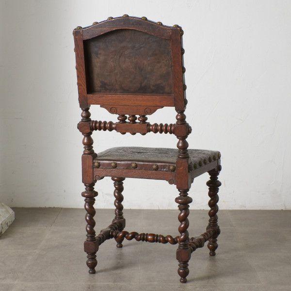 IZ79899F★フランス アンティーク ダイニングチェア 本革 鋲打ち オーク 木製 木彫刻 挽物 装飾 アームレス チェア 椅子 西洋 ...