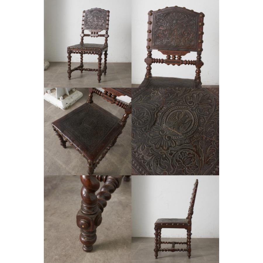 IZ79899F★フランス アンティーク ダイニングチェア 本革 鋲打ち オーク 木製 木彫刻 挽物 装飾 アームレス チェア 椅子 西洋 ...