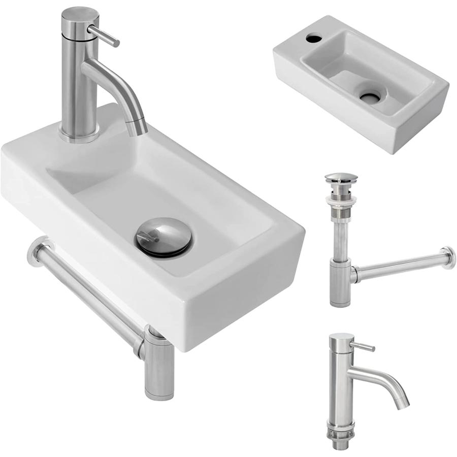 Rxakudedo 手洗い 器 壁付け型 陶器製 小さなトイレに適し洗面器 蛇口 水栓&排水金具付き 和風 洋風 壁掛け おしゃれ シンプル ...